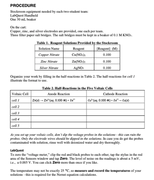 Solved (1) EXPERIMENT 11: Voltaic Cells Using Redox | Chegg.com