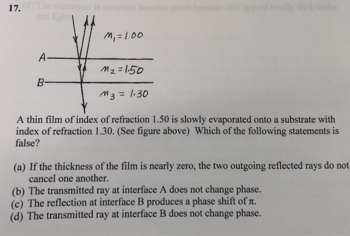 Solved M31.30 A thin film of index of refraction 1.50 is | Chegg.com