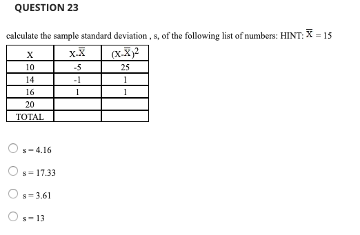 Solved QUESTION 23 calculate the sample standard deviation, | Chegg.com