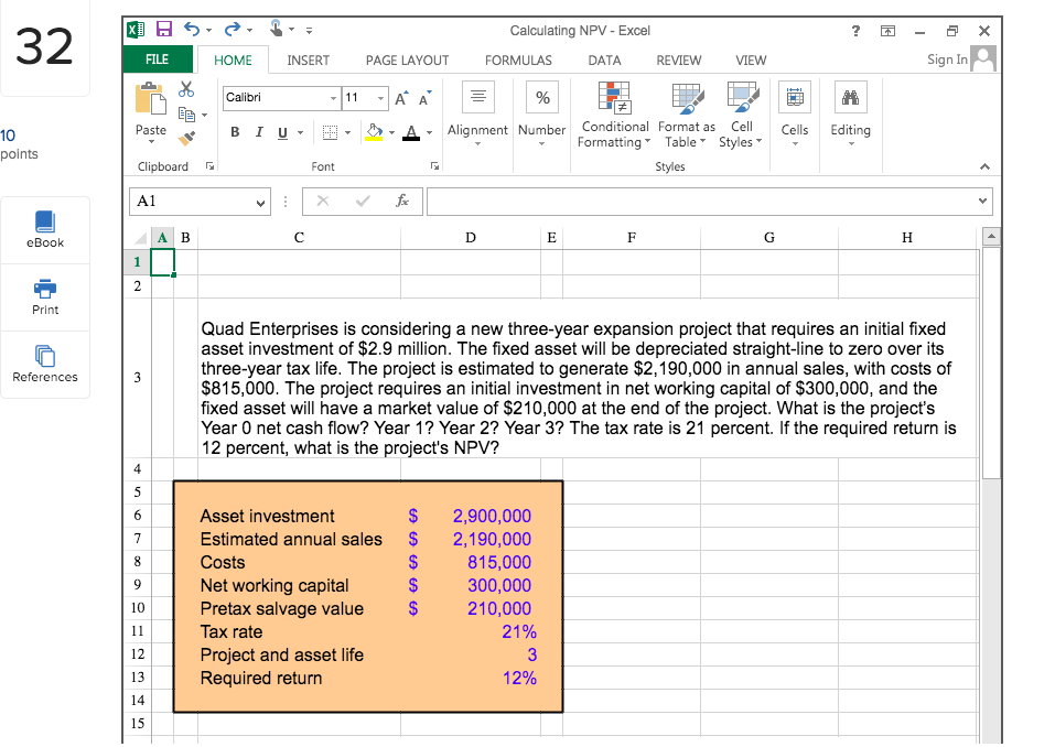 Solved Calculating NPV - Excel ? 6 * 32 - 8 Sign In FILE | Chegg.com