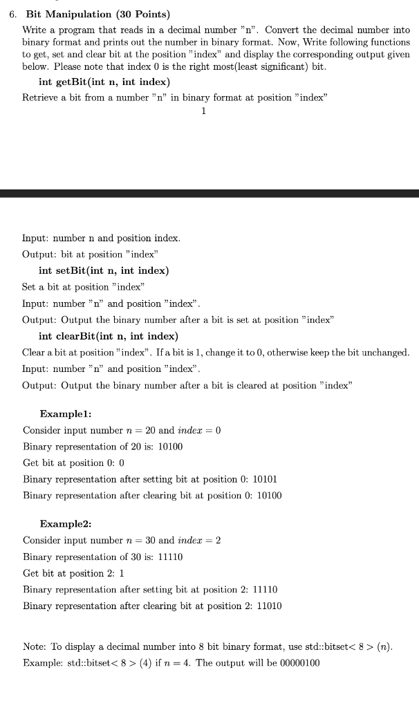 Solved 6. Bit Manipulation (30 Points) Write a program that | Chegg.com
