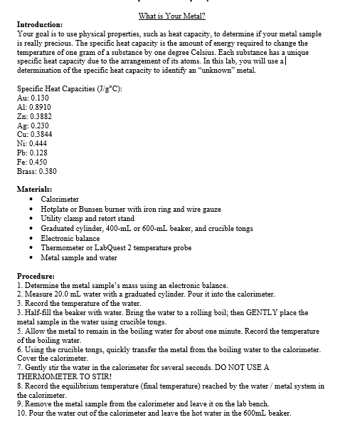 Solved Specific Heat Capacity What is Your Metal? | Chegg.com