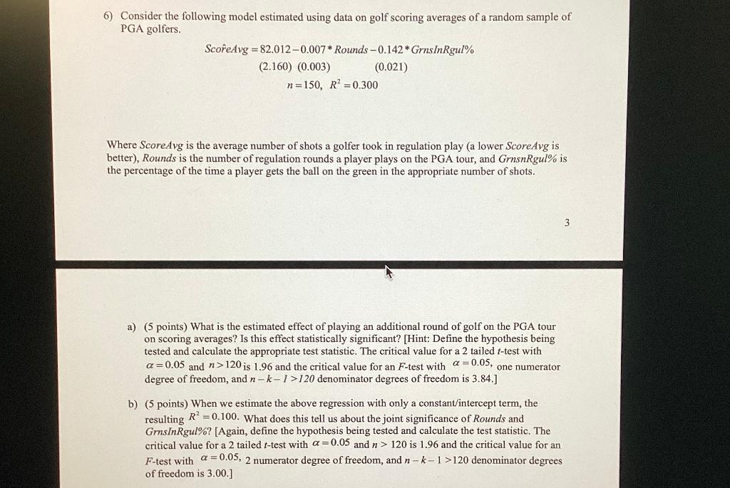 6) Consider the following model estimated using data | Chegg.com