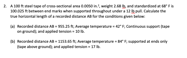 Solved 2. A 100ft steel tape of cross-sectional area | Chegg.com