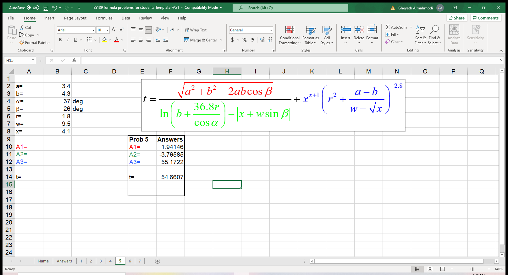 Solved AutoSave Off ES139 formula problems for students | Chegg.com