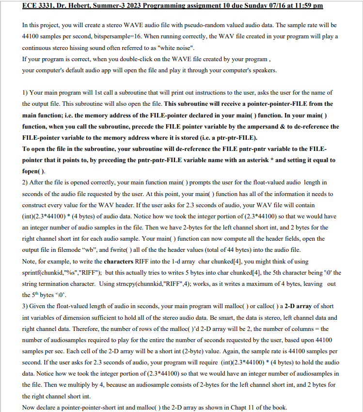 Solved ECE 3331, Dr. Hebert. Summer-3 2023 Programming | Chegg.com