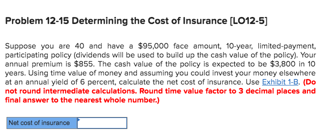 Solved Problem 12-15 Determining the Cost of Insurance | Chegg.com