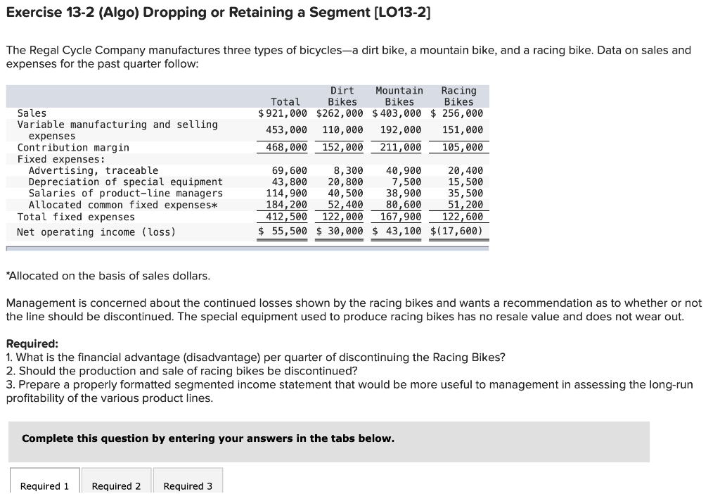 Solved Exercise 13-2 (Algo) Dropping or Retaining a Segment | Chegg.com