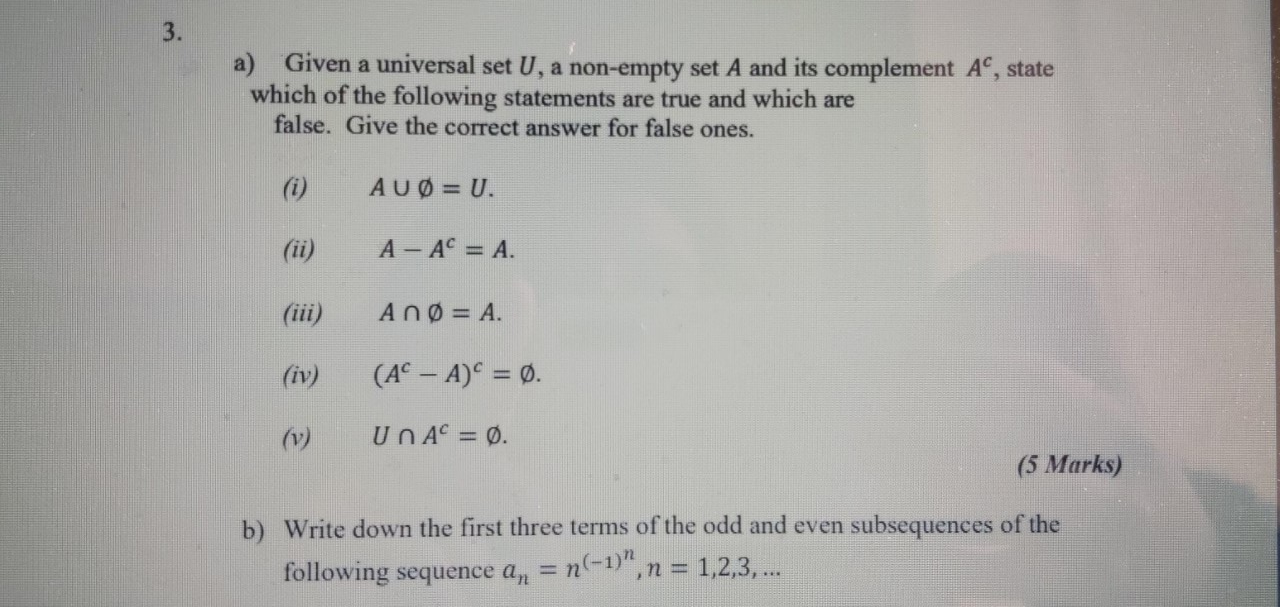 Solved 3. a) Given a universal set U, a non-empty set A and | Chegg.com