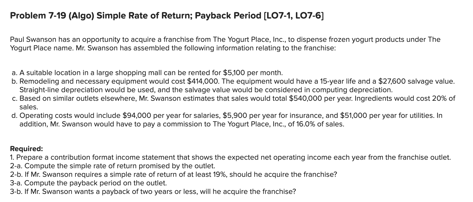 Solved Problem 7-19 (Algo) Simple Rate of Return; Payback | Chegg.com