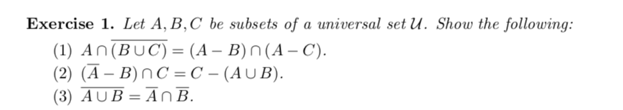 Solved Exercise 1. Let A,B,C be subsets of a universal set | Chegg.com