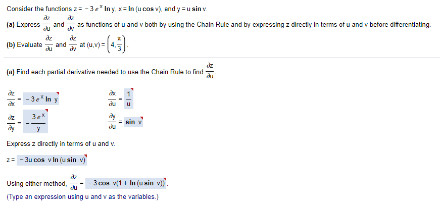 Solved Consider the functions z= -3 e* Iny, x= In (u cos v), | Chegg.com