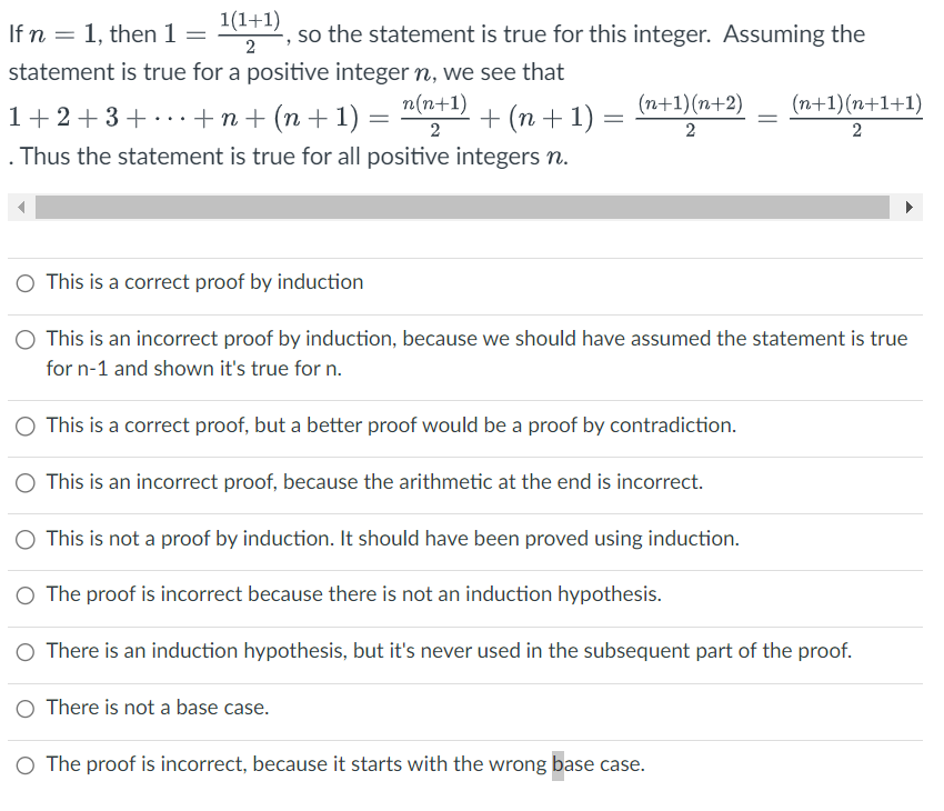 Solved If n=1, ﻿then 1=1(1+1)2, ﻿so the statement is true | Chegg.com