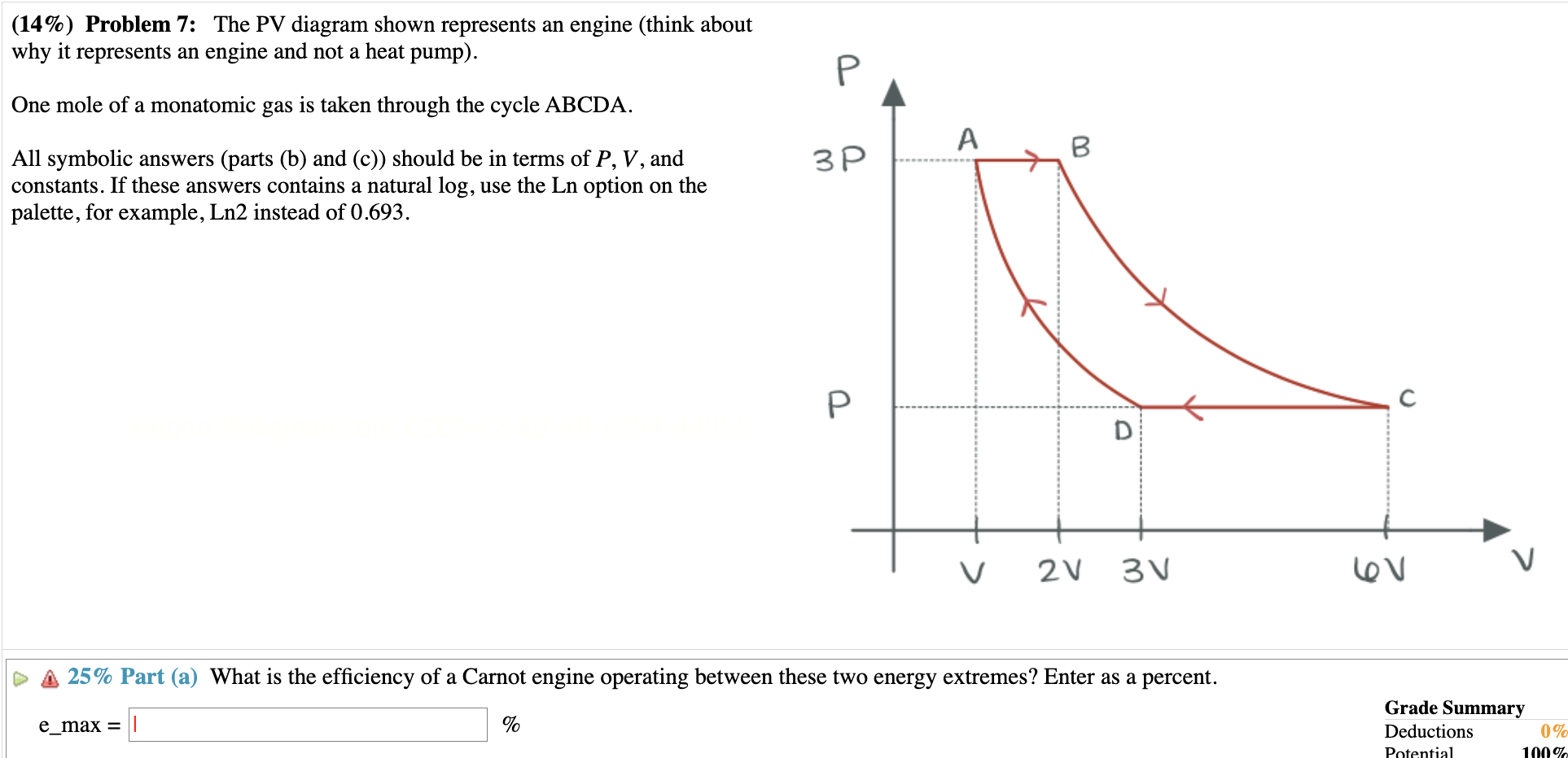 Solved (14%) ﻿Problem 7: The PV diagram shown represents an | Chegg.com