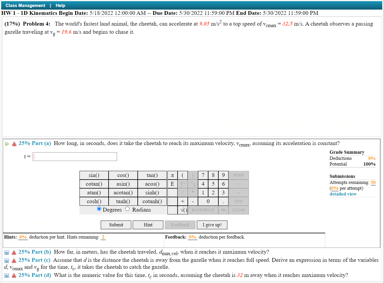 Solved Class Management | Help HW 1 - 1D Kinematics Begin | Chegg.com