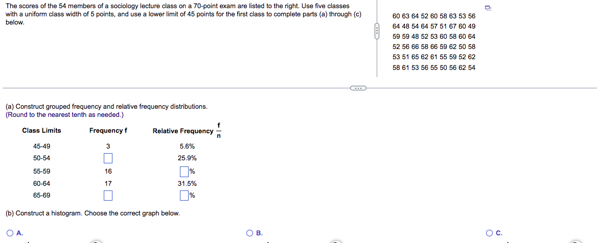 Solved The scores of the 54 members of a sociology lecture | Chegg.com