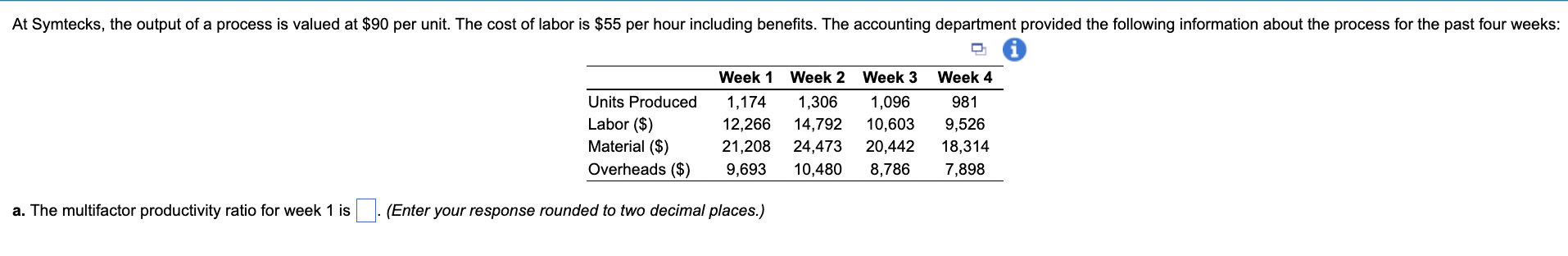 Solved a. The multifactor productivity ratio for week 1 is | Chegg.com