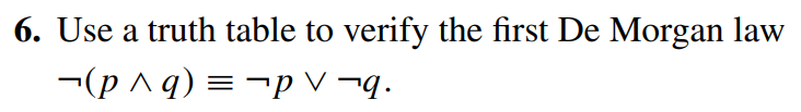 Solved 6. Use a truth table to verify the first De Morgan | Chegg.com