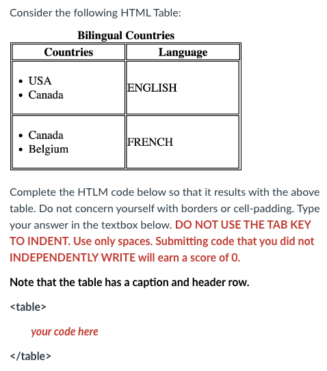 Solved Consider the following HTML Table: Bilingual | Chegg.com
