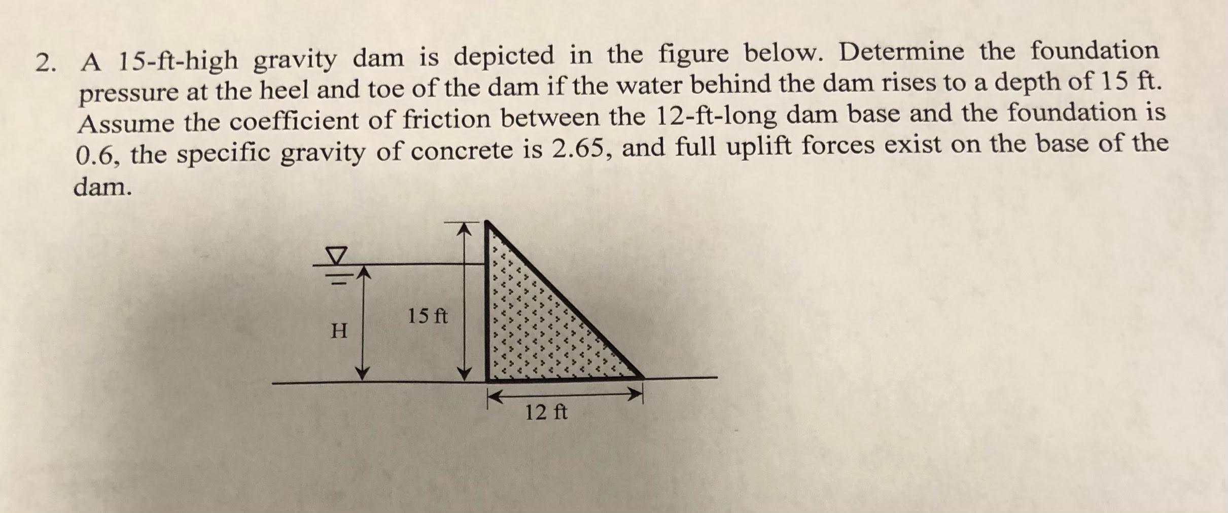 Solved 2. A 15-ft-high gravity dam is depicted in the figure | Chegg.com