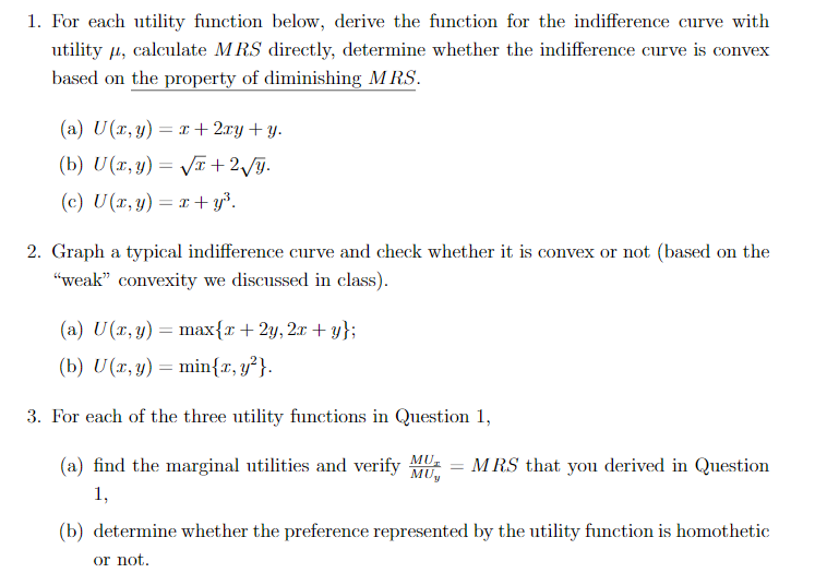1. For each utility function below, derive the | Chegg.com