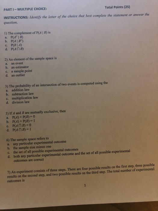 Solved PART I-MULTIPLE CHOICE: Total Points (25) | Chegg.com