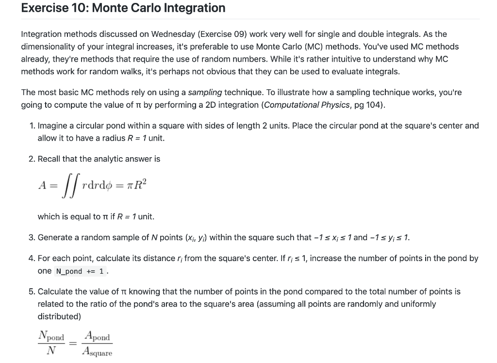 Exercise 10: Monte Carlo Integration Integration | Chegg.com