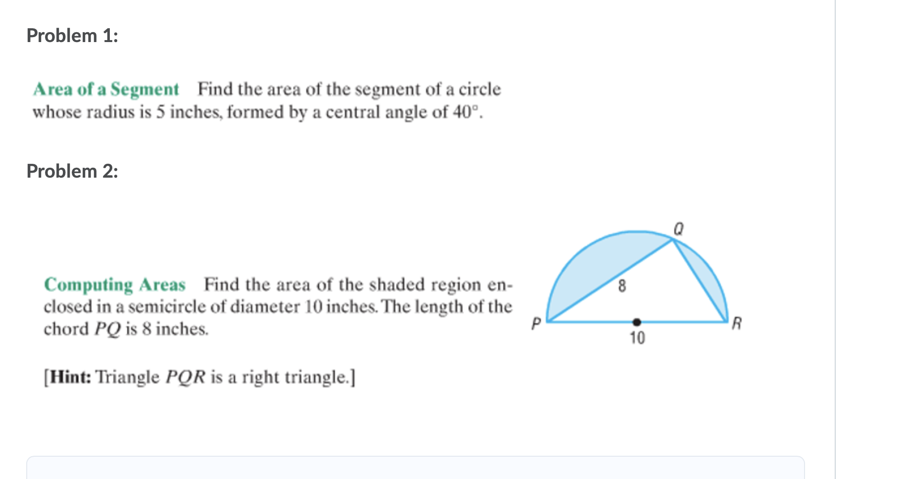 Solved Problem 1: Area of a Segment Find the area of the | Chegg.com