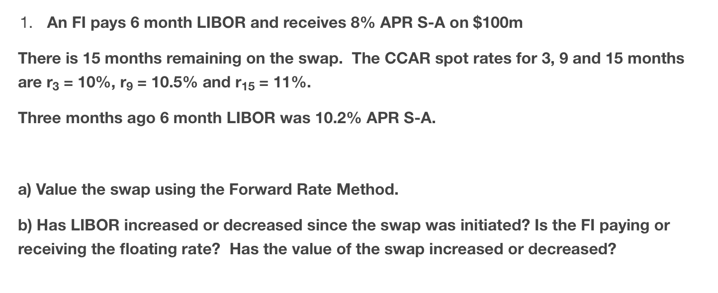 Solved 1. An FI pays 6 month LIBOR and receives 8% APR S-A | Chegg.com