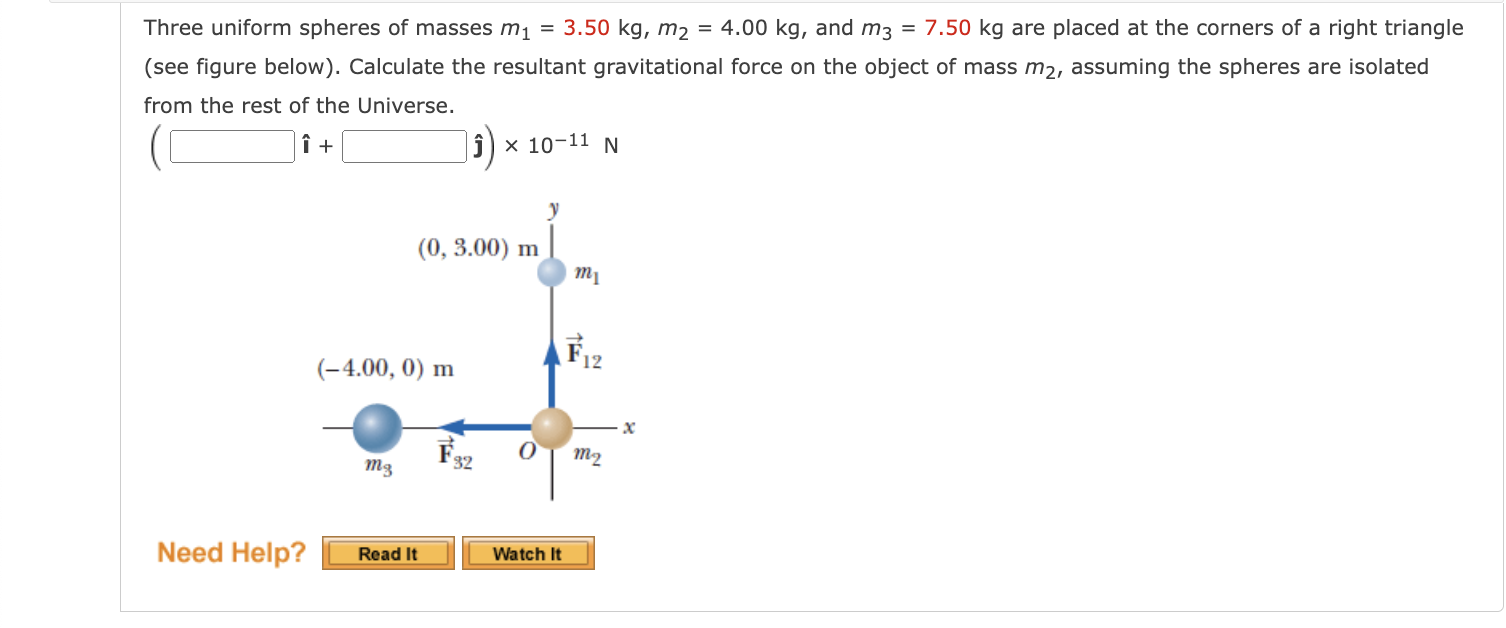 Solved Three uniform spheres of masses m1=3.50 kg,m2=4.00 | Chegg.com