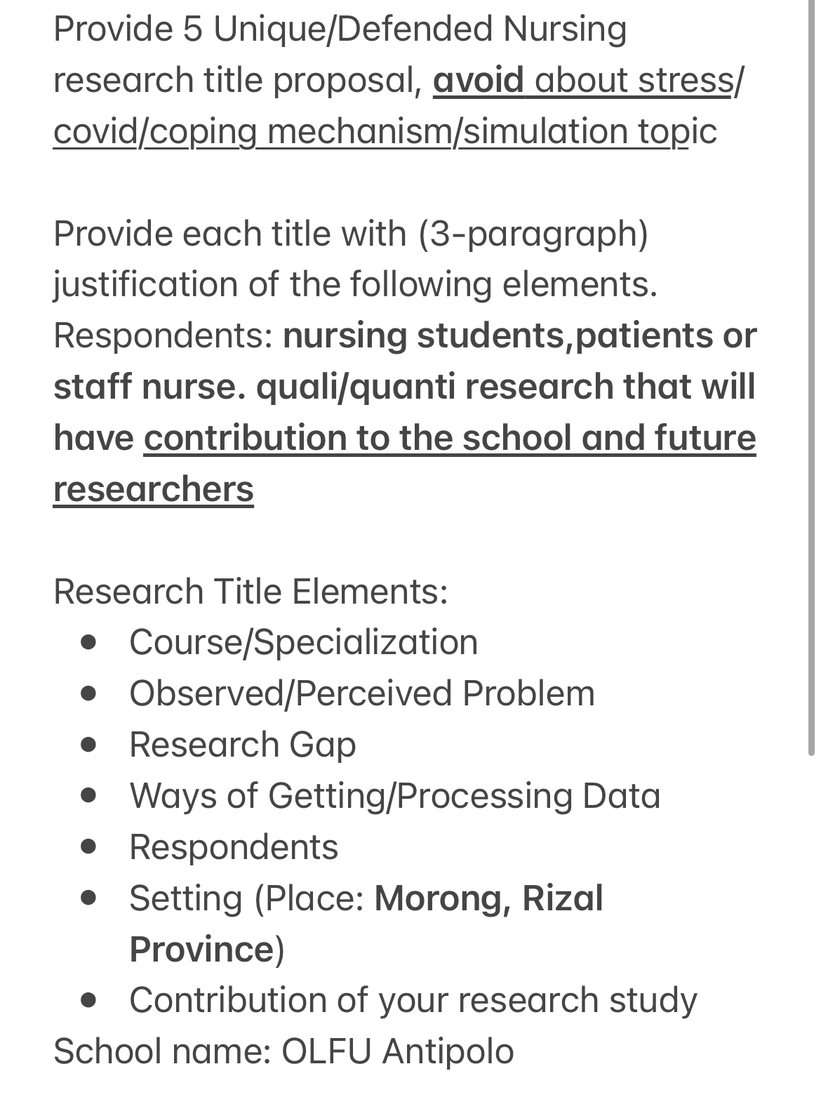 Solved Provide 5 Unique/Defended Nursing research title | Chegg.com
