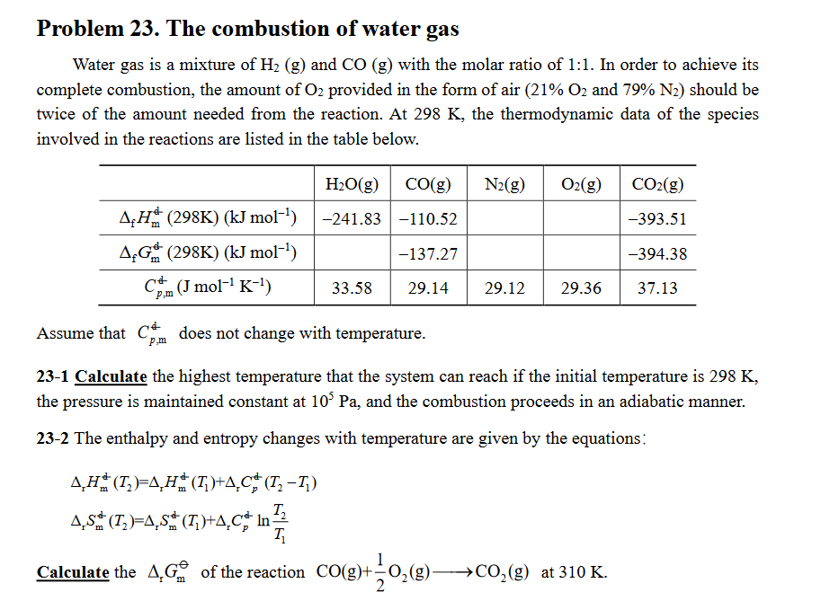 Solved Problem 23. The combustion of water gas Water gas is | Chegg.com