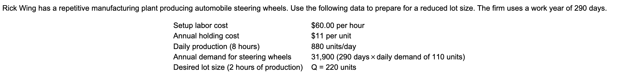 Solved Rick Wing has a repetitive manufacturing plant | Chegg.com