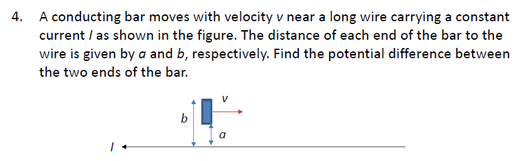 Solved 4. A conducting bar moves with velocity v near a long | Chegg.com