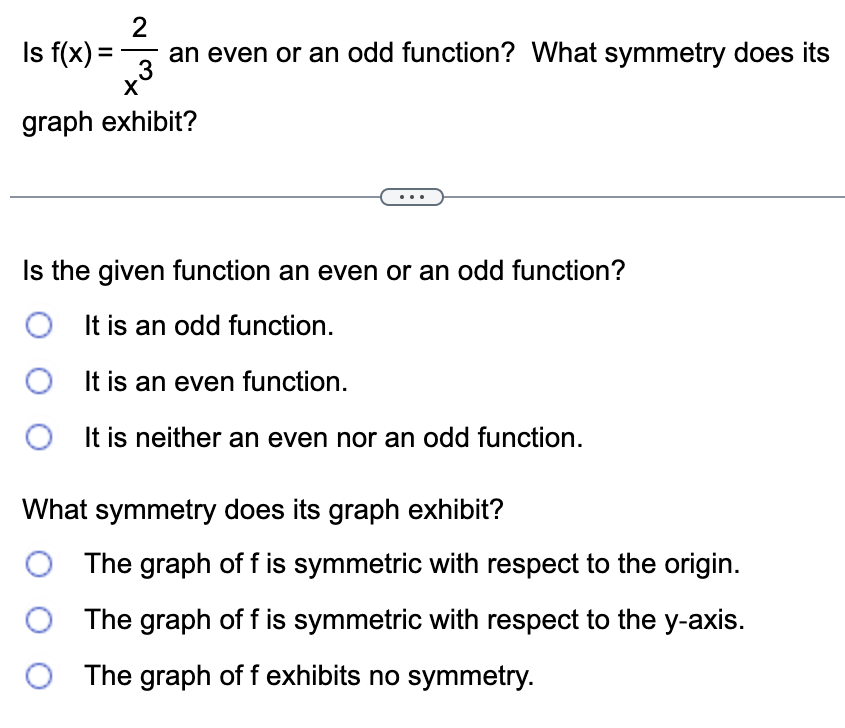 Solved Is f(x)=2x3 ﻿an even or an odd function? What | Chegg.com