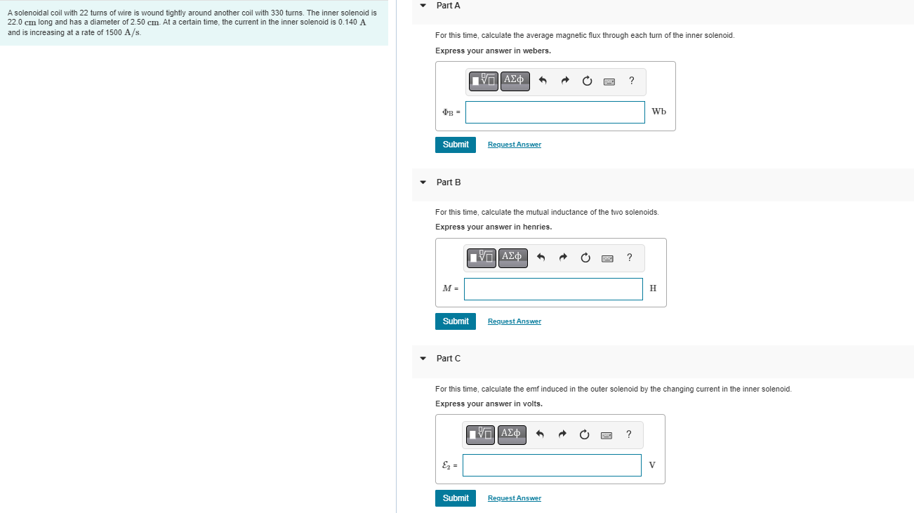 Solved A solenoidal coil with 22 turns of wire is wound | Chegg.com