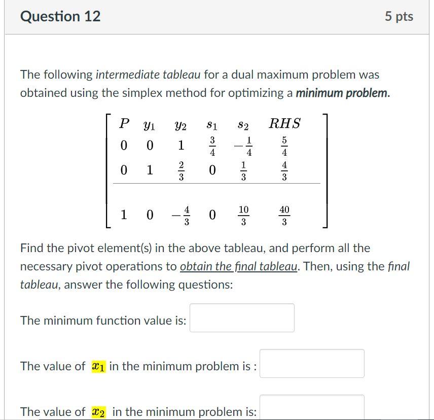 Solved Question 12 5 pts The following intermediate tableau | Chegg.com