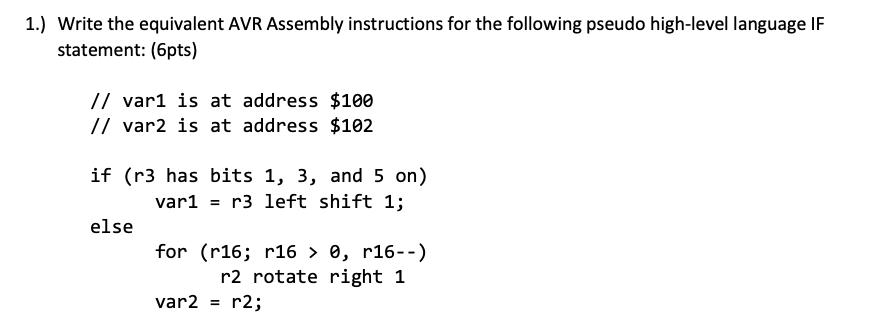 1.) Write the equivalent AVR Assembly instructions | Chegg.com
