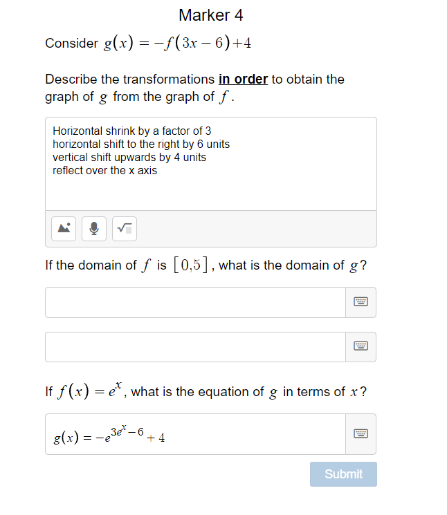 Solved Marker 4 Consider g(x)=−f(3x−6)+4 Describe the | Chegg.com Solved Marker 4 Consider g(x)=−f(3x−6)+4 Describe the | Chegg.com