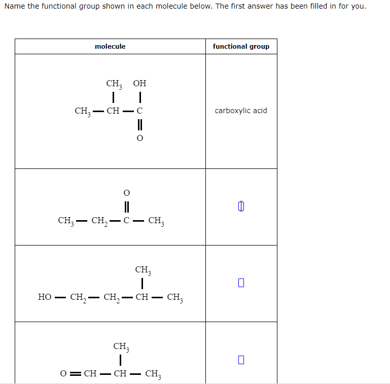 Solved \begin{tabular}{|c|c|} \hline molecule & functional | Chegg.com