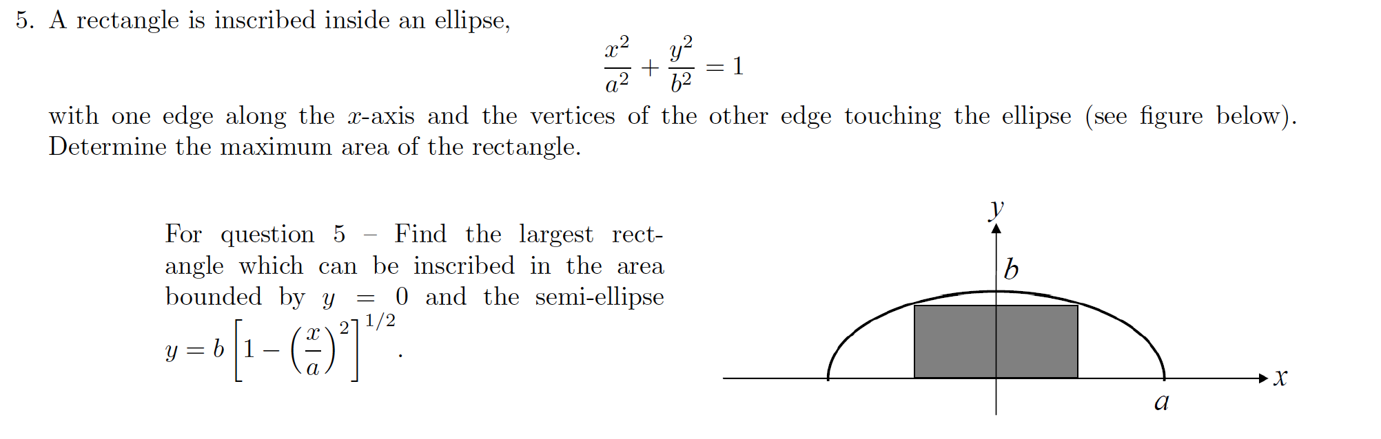 Solved 5. A rectangle is inscribed inside an ellipse, x2 22 | Chegg.com