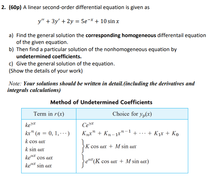 Solved (60p) A linear second-order differential equation is | Chegg.com
