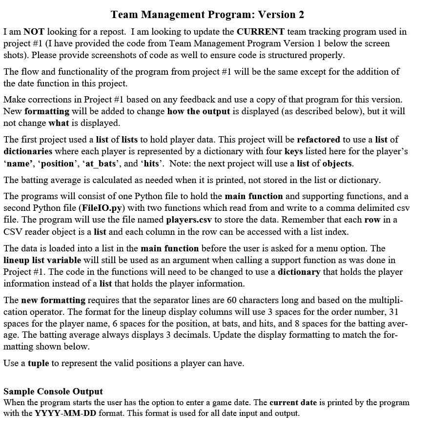 Solved Team Management Program: Version 2 I am NOT looking | Chegg.com