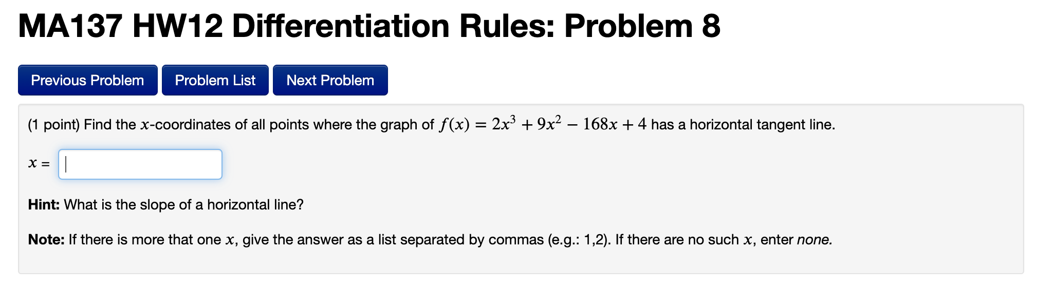 Solved MA137 HW12 Differentiation Rules: Problem 8 Previous | Chegg.com
