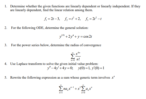 Solved 1. Determine whether the given functions are linearly | Chegg.com