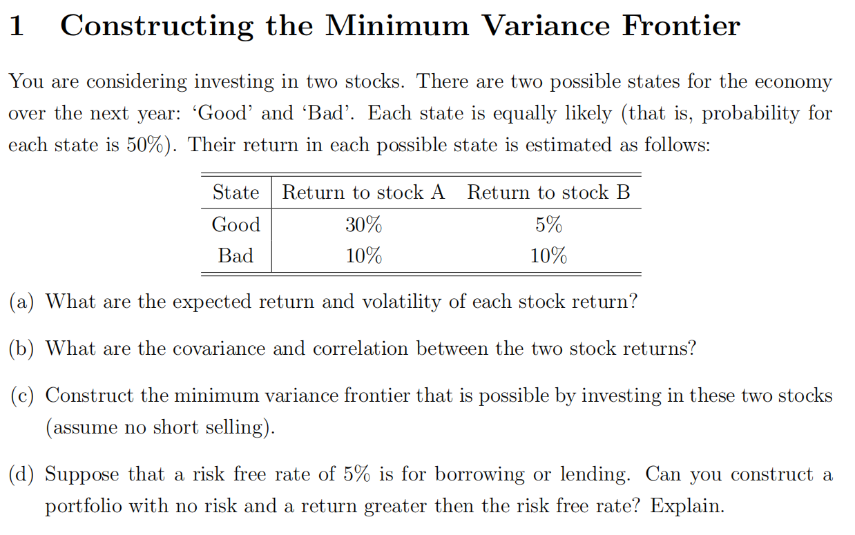 Solved 1 Constructing the Minimum Variance Frontier You are | Chegg.com