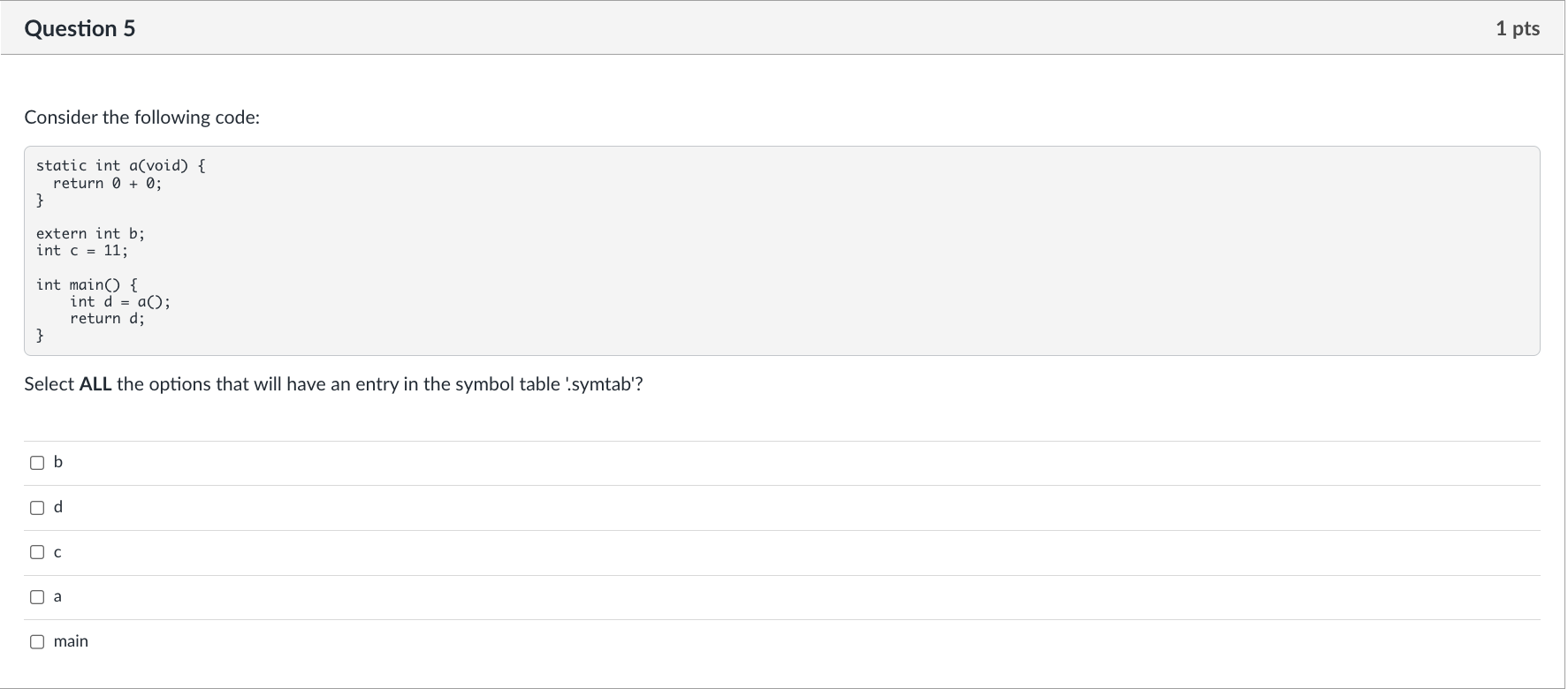 Solved static int a( void) \{ return 0+0 \} extern int b int | Chegg.com