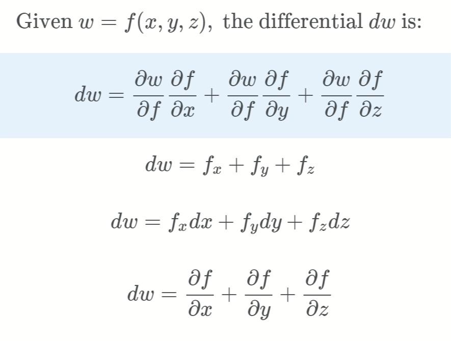 Solved Given w= f(x, y, z), the differential dw is: dw aw af | Chegg.com