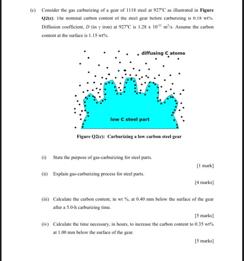 Solved (c) Consider the gas carburizing of a gear of 1118 | Chegg.com