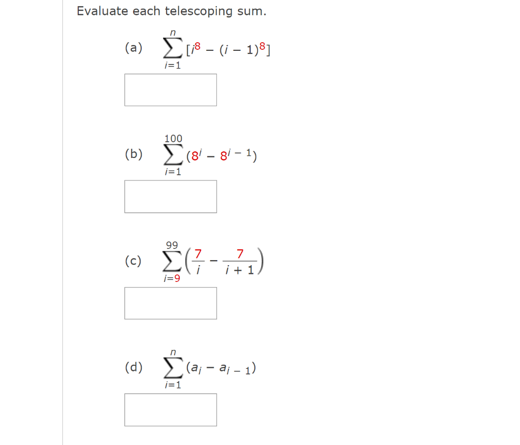 Solved Evaluate each telescoping sum. n (a) Σ8 - (1 – 1981 | Chegg.com